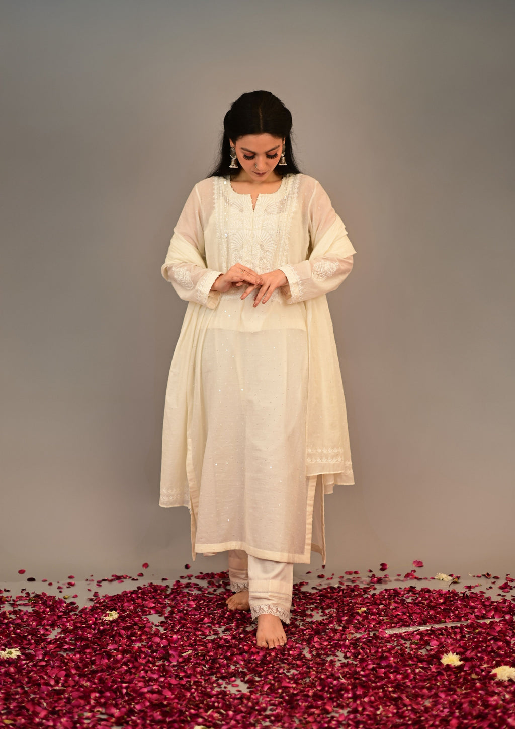 Pearl White Mul Chanderi Suit – Alekhya Chikankari